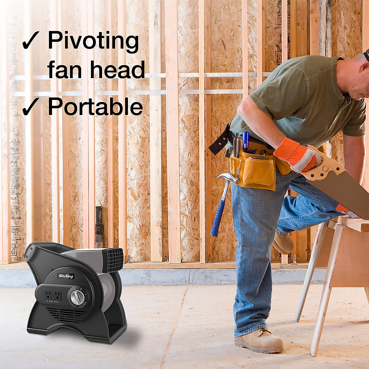 Air King Commercial Grade Pivoting Utility Fan, for Cooling, Ventilating, Exhausting and Drying at Home, Job Site, Work Shop, Construction, 3 Speeds, 11.25", Black, 9550