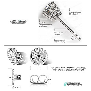NANA Jewels 14K Solid Gold Post & Sterling Silver Cushion Cut CZ Stud Earrings Hypoallergenic, Platinum (6mm) 2.00ctw