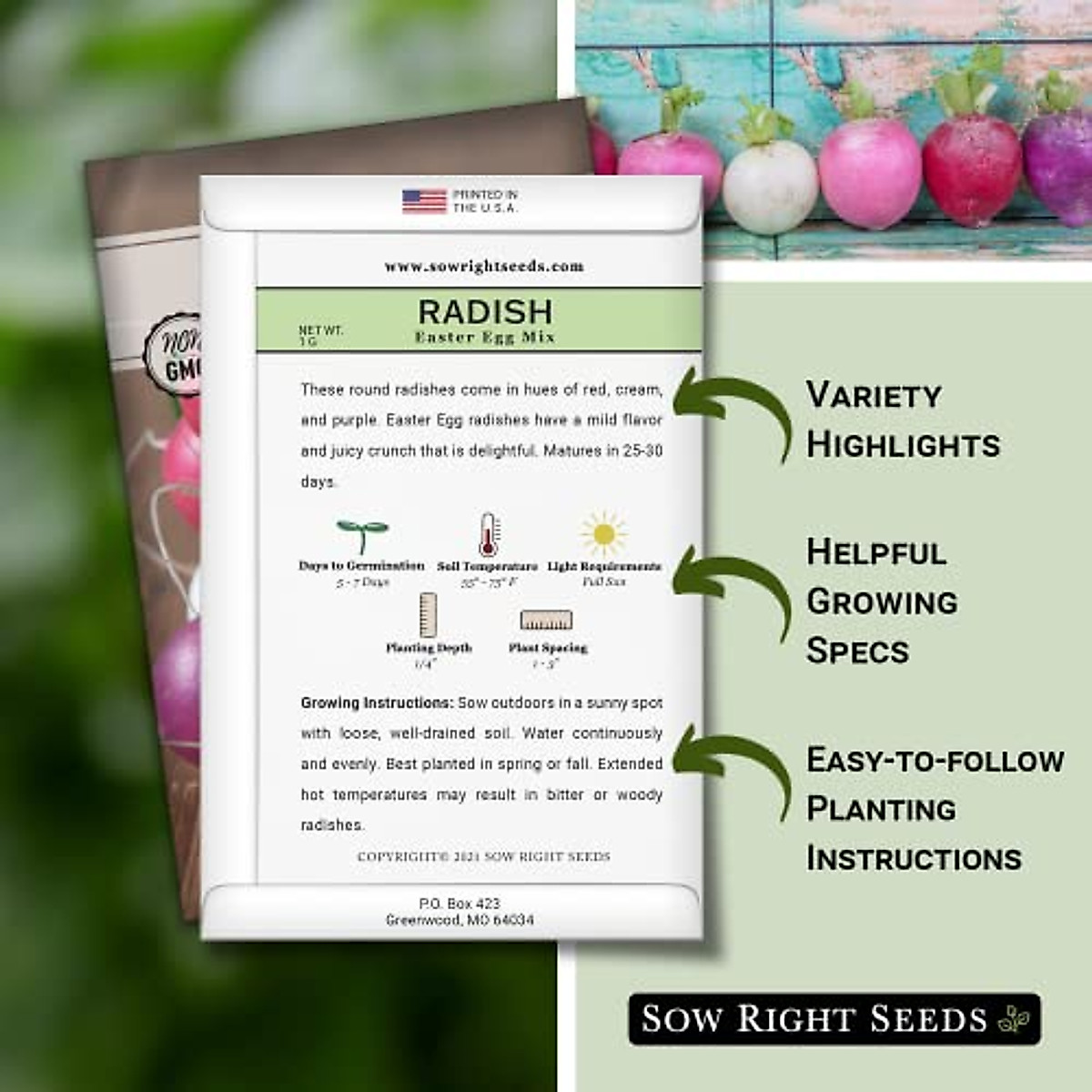 Sow Right Seeds - Easter Egg Mix Radish Seed for Planting - Non-GMO Heirloom Packet with Instructions to Grow an Outdoor Home Vegetable Garden - Multi Color, Fast Growing - Red, Purple, and White (1)