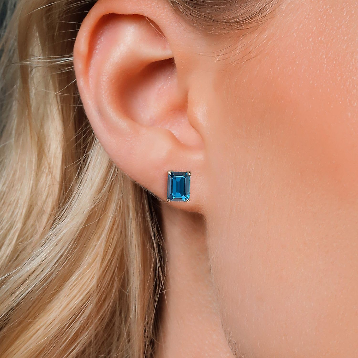 Gem Stone King 14K White Gold Gemstone Birthstone Stud Earrings | Emerald Cut 8X6MM | White Gold Earrings For Women