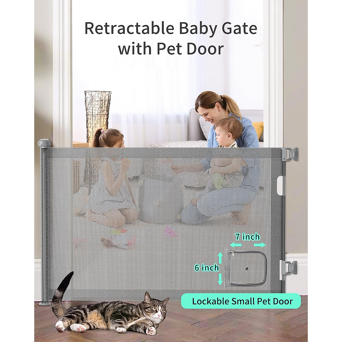 GROWNSY Retractable Baby Gates, Pet Gate with Cat Door - 33" Tall, Extends to 55" Wide Dog Gate for Stairs, Mesh Baby Gate with Door for Cats/Small Dogs, Easy Install for Doorways, Indoor &Outdoor