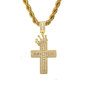 Shop-iGold Baguette King Cross Men Women 925 Italy Gold Finish Iced Silver Charm Ice Out Pendant Stainless Steel Real 2 mm Rope Chain Necklace, Cross Necklace, Cross Chain (20" Chain and Pendant Set)
