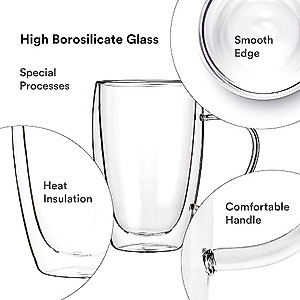 MARKABLE Interiorsbydebbi Selected Double Wall Glass Coffee Mug, 15.2 Ounces-Clear Glass Coffee Cup with Handle, Insulated Coffee Glass, Cappuccino Cup, Tea Cup, Latte Cup, Beverage Glass
