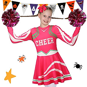 Tisancy 6 Pcs Halloween Cheerleader Costume for Girls Set Toddler Cheerleader Outfit with Pom Poms, Hair Bows and Socks (Classic Style,Large)
