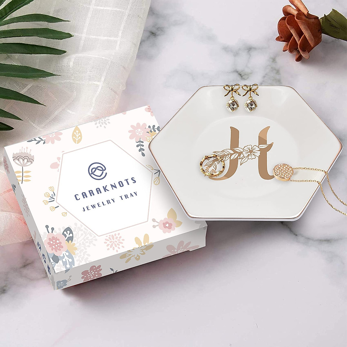CARAKNOTS Jewelry Tray for Women Ceramic White Ring Dish Birthday Engagement Wedding Valentines Gifts for Her Jewelry Dish for Rings Earring Necklace Monogram Initial Decorative Trinket Plate Letter H