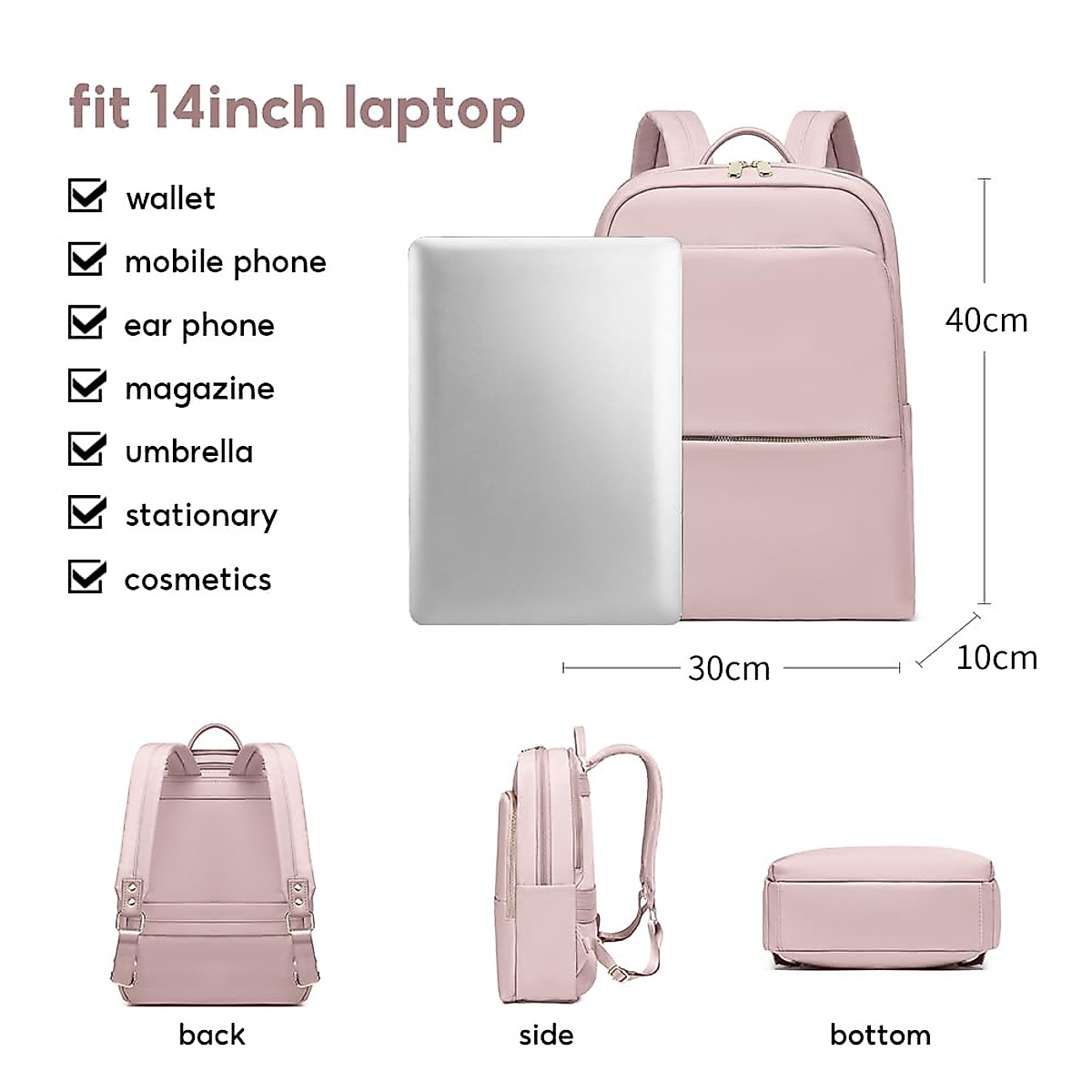 FULL DESIGN Travel Laptop Backpack for Women, 14 inch Water Resistant Computer Backpack, Fashion Daypack Shoulder Bag for Work College (Pink)