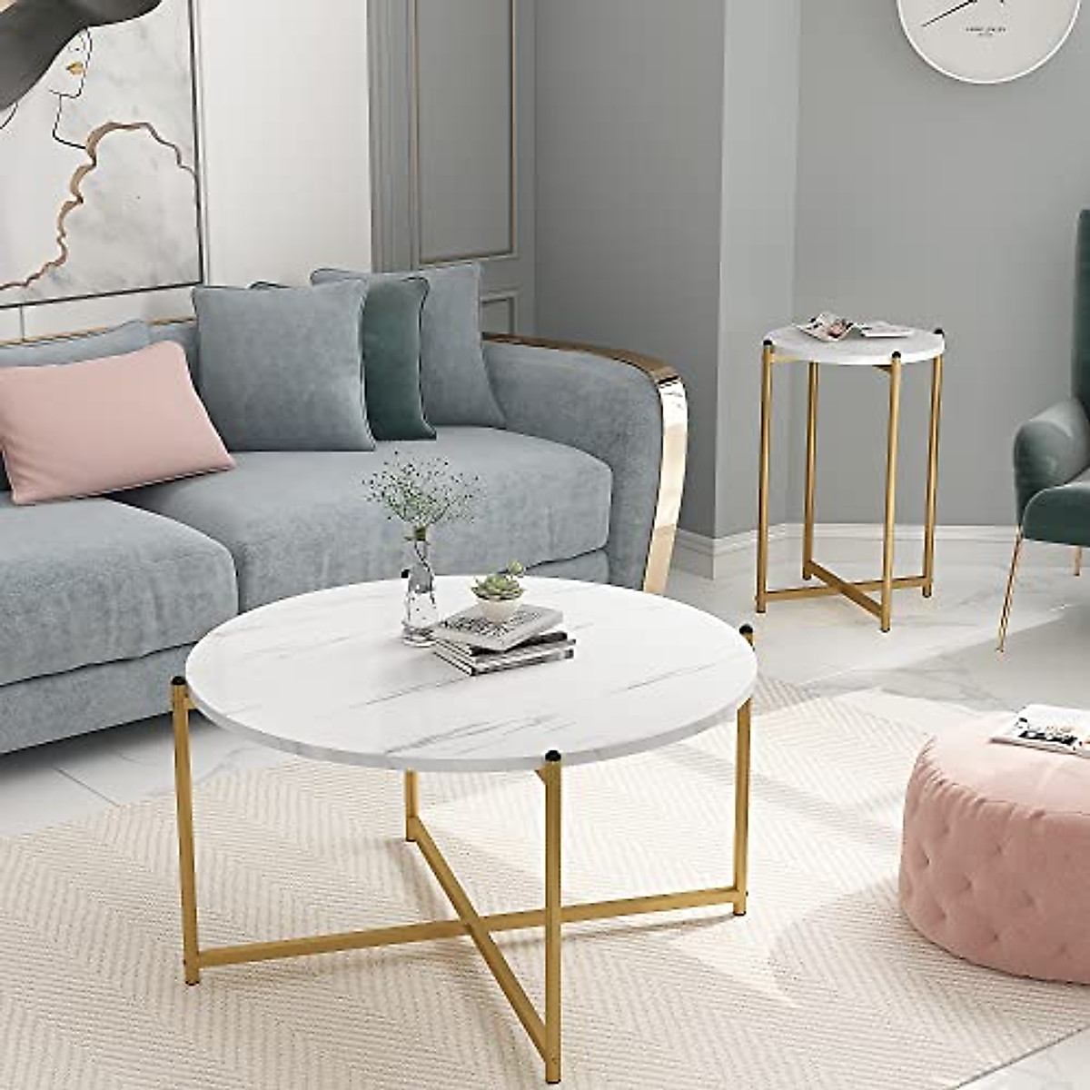 AWQM Faux Marble Coffee Table Set of 3, 1 Coffee Table & 2 Sofa Table, Round Tabletop and Metal Cross Base Frame,Perfect for Living Room Apartment, White & Gold