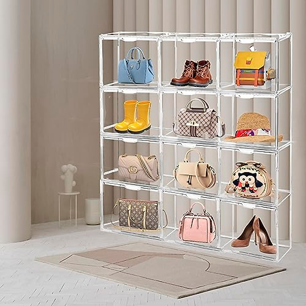 Cutora 3 Pack Clear Handbag Purse Storage Organizers for Closet, Acrylic Handbag Purse Shoes Toy Display Plastic Case, Anti Dust Luxury Stackable Bag Container Box with Magnetic Door for Pocketbook Clutch