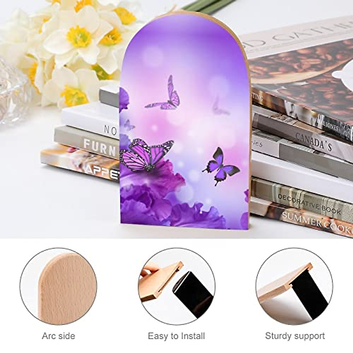 Hon-Lally Butterfly on Purple Flowers Pattern Wood Bookends Decorative Bookend Non-Skid Office Book Stand for Books Office Files Magazine