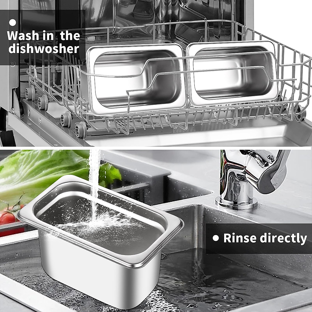 BAKPOCO Hotel Pan 1/9 Size - Steam Pan With Lid 4" Deep 4 Packs Food Pan Anti Jam Stainless Steel Buffet Pan Commercial Stainless Steel Pan