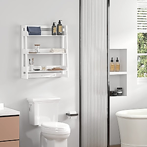 UTEX Bathroom Wall Shelf, Over Toilet Storage Shelf Organizer, 3-Tier Wall Mount Shelf Rack with Hook, White