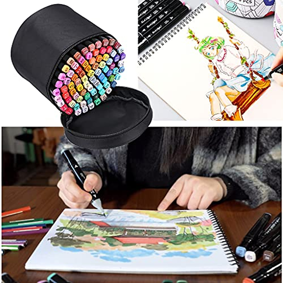 BTSKY Multifunction Marker Case - Zippered Canvas Pen Bag Pencil Case Stationary Storage for 80 Markers, Black (NO Compartments Inside)