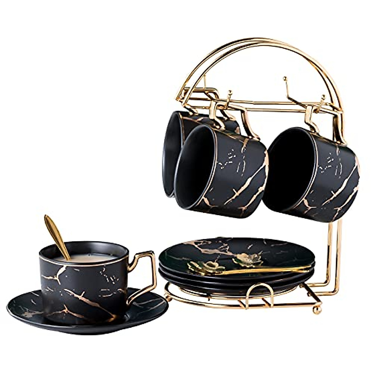 Jusalpha Serve of 4- Hand Printed Golden Matte Ceramic Marble Tea Coffee/Tea Cups with Spoons and Cup Holder, 7OZ -TCS26 (Black/Gold, Serve of 4)