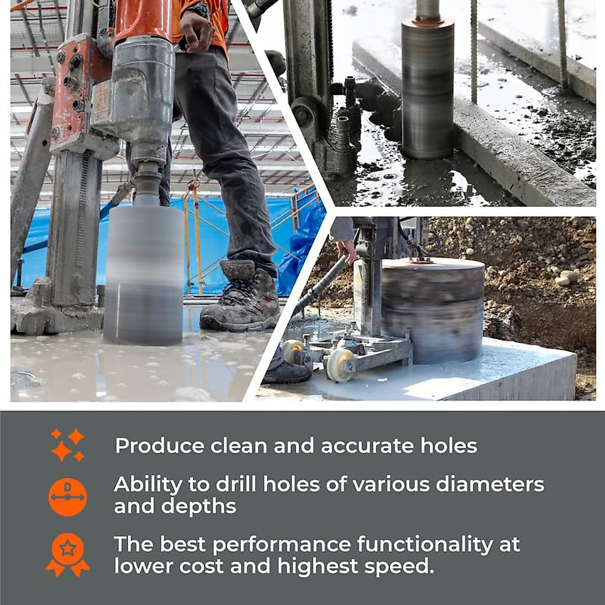 Wet Diamond Drill Core Bits CD200 PRO for Reinforced/Hard Concrete,Hard Aggregate, Brick, and Block (.440” Segment) 1-1/4"-7 Threaded Arbor (3 1/4", 13 inch) | MESA DIAMOND®
