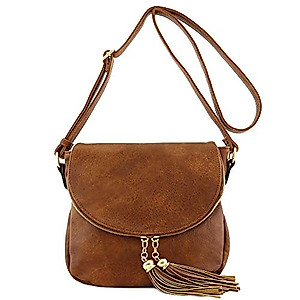 Tassel Accent Crossbody Bag with Flap Top (Tan)