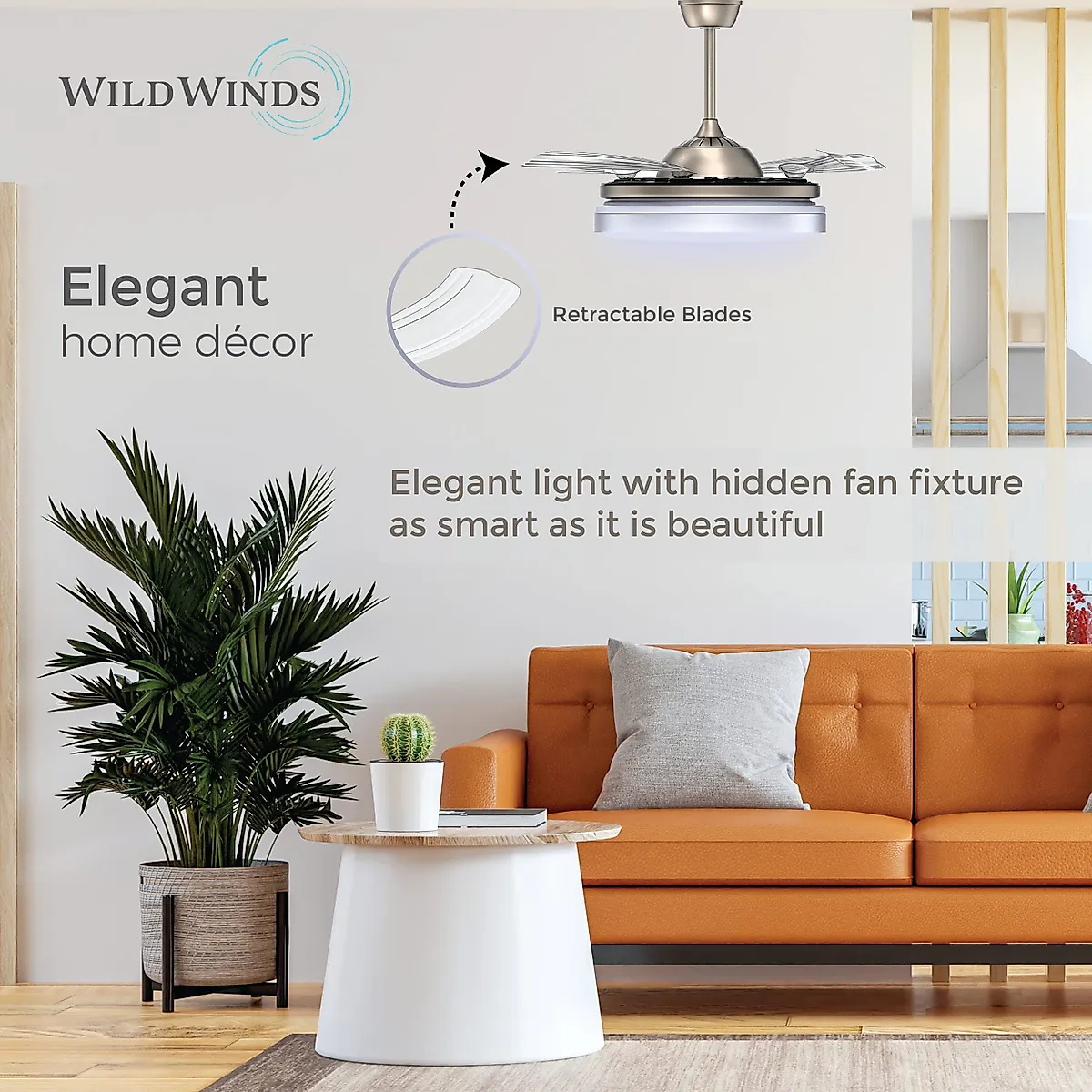 WildWinds 42" Retractable Ceiling Fan With Bluetooth Music Player Speakers | 3 Dimmable LED Lights With Adjustable Speed & Remote Voice Control | Perfect For Bedroom, Living Room & Kitchen
