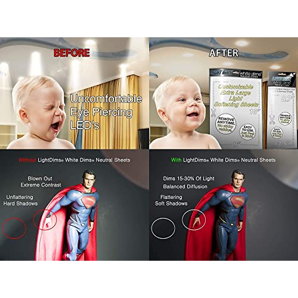 LightDims White Dims Self Adhesive Dimming/Softening Sheets for Harsh LED Lights Medium Size (2 Sheets) Neutral Color & a Free Mystery Gift Sheet (3 Sheets Total). Packaging May Vary