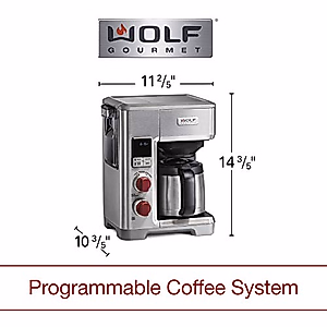 Wolf Gourmet Programmable Coffee Maker System with 10 Cup Thermal Carafe, Built-In Grounds Scale, Removable Reservoir, Red Knob, Stainless Steel (WGCM100S)