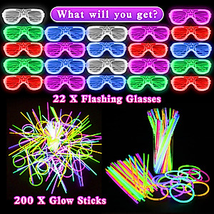 OLUPP 222PCS Glow in the Dark Party Supplies, Glow Sticks Glasses Favors, 200 PCS Glow Sticks and 22 PCS LED Glasses, New Years Neon Party Favors for Glow Party, Wedding, Concert, Raves, Birthday