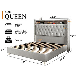 Jocisland Queen Size Bed Frame 53.6'' Tall Headboard LED Lights Charging Station, Velvet Hign Upholstered Platform Bed Wingback Storage, No Box Spring Needed, Motion Activated Light, Light Gray