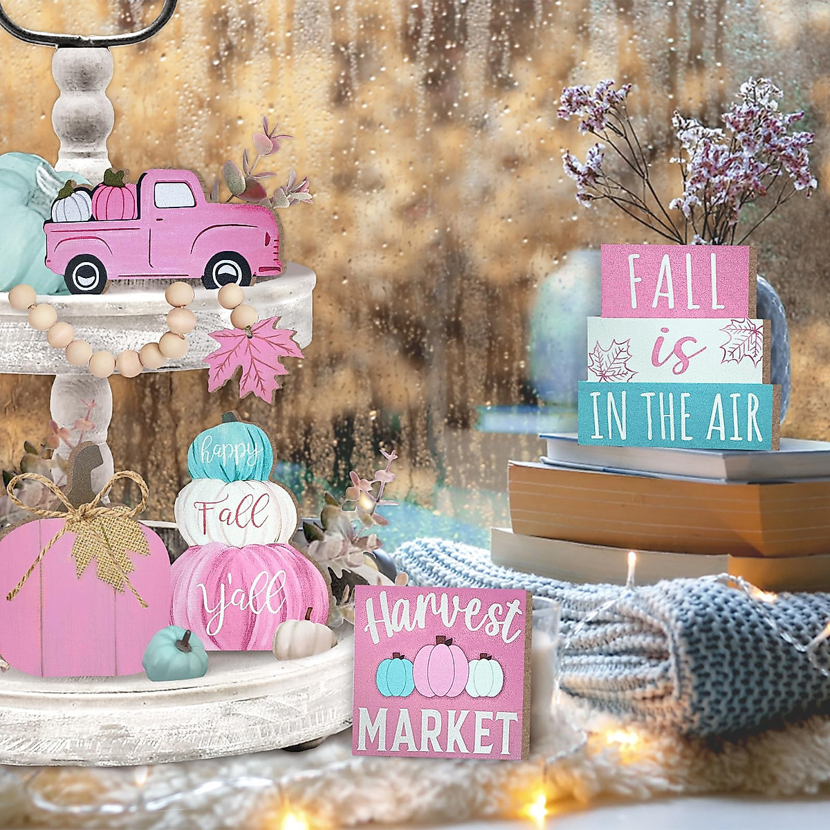 Guoofu Pink Fall Tiered Tray Decor, Farmhouse Pumpkin Tray Decorations, Cute Pumpkin Trucks Maple Leaf Wooden Signs Beads Garland, Autumn Thanksgiving Harvest Home Decor for Tabletop Shelf Mantel