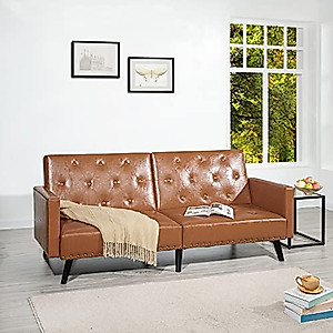 Naomi Home Jolene Tufted Split Back Futon, Mid Century Convertible Sofa Bed for Small Rooms, Faux Leather Couch, Perfect for Your Modern Living Room- Caramel, Faux Leather