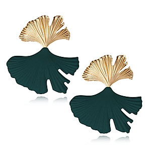 Boho Metal Exaggeration Ginkgo Leaf Earring Fashion Vintage Geometric Statement Big Drop Dangle Earrings for Women Girls Jewelry Gift (Green Ginkgo Leaf Earring)