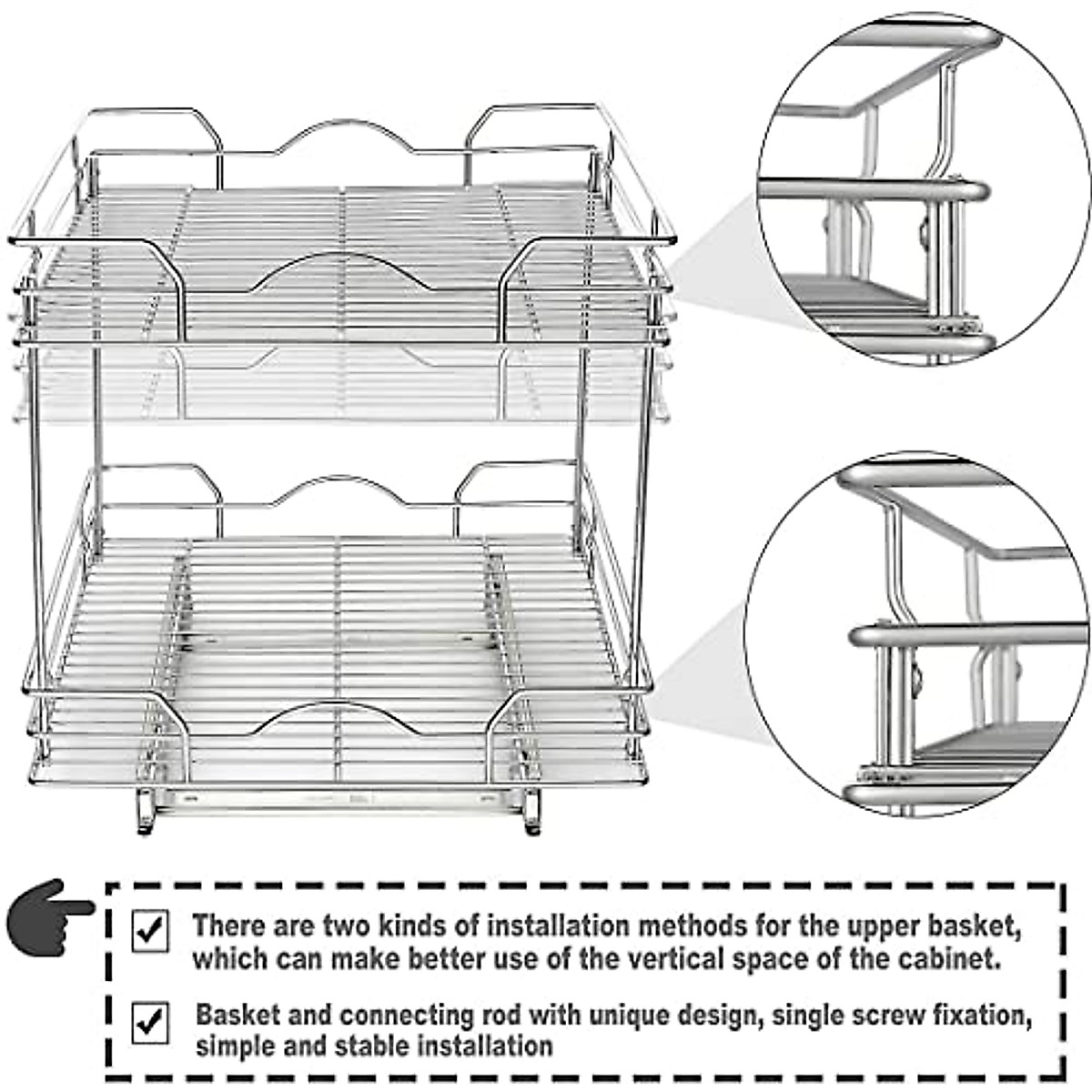 OCG Pull Out Cabinet Shelves 11" W x 18" D, 2 Tier Slide Out Cabinet Organizer, Sliding Drawer for Cabinet, Chrome Plated
