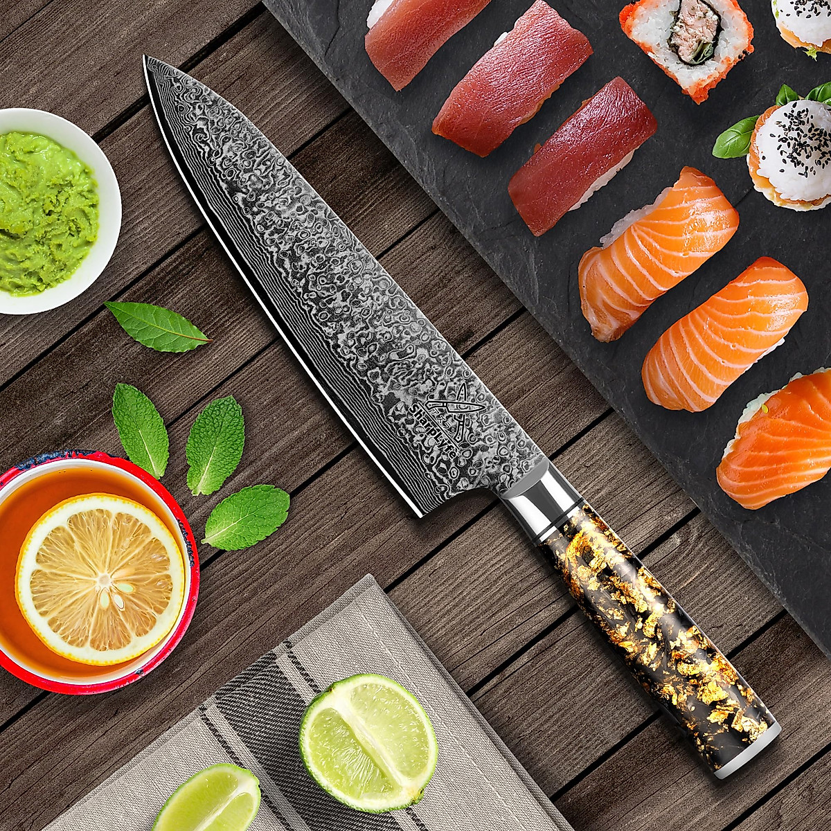 SharpLyfe Japanese Damascus Steel Chef Knife - Gold Foil & Carbon Fiber Handle - Razor Sharp Blade - Kitchen Knife with Secure Finger Guard - Chef Knife for Professional Grade - Size 7.79 Inch