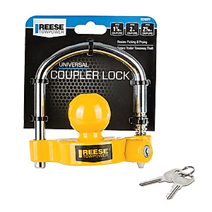REESE Towpower 72783 Coupler Lock, Adjustable Storage Security, Heavy-Duty Steel, Yellow and Chrome