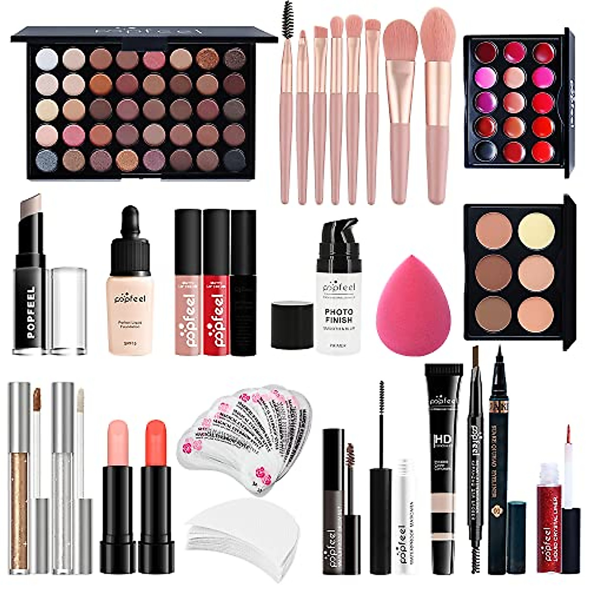 beginner Makeup Kit For Women Full kit, Makeup Set For Teen Girls Eyeshadow Lip gloss Lipstick Make up Brushes Eyebrow Eyeliner Pen Liquid Concealer Foundation Primer Puff Eye shadow Shields Eye Brow Stencil