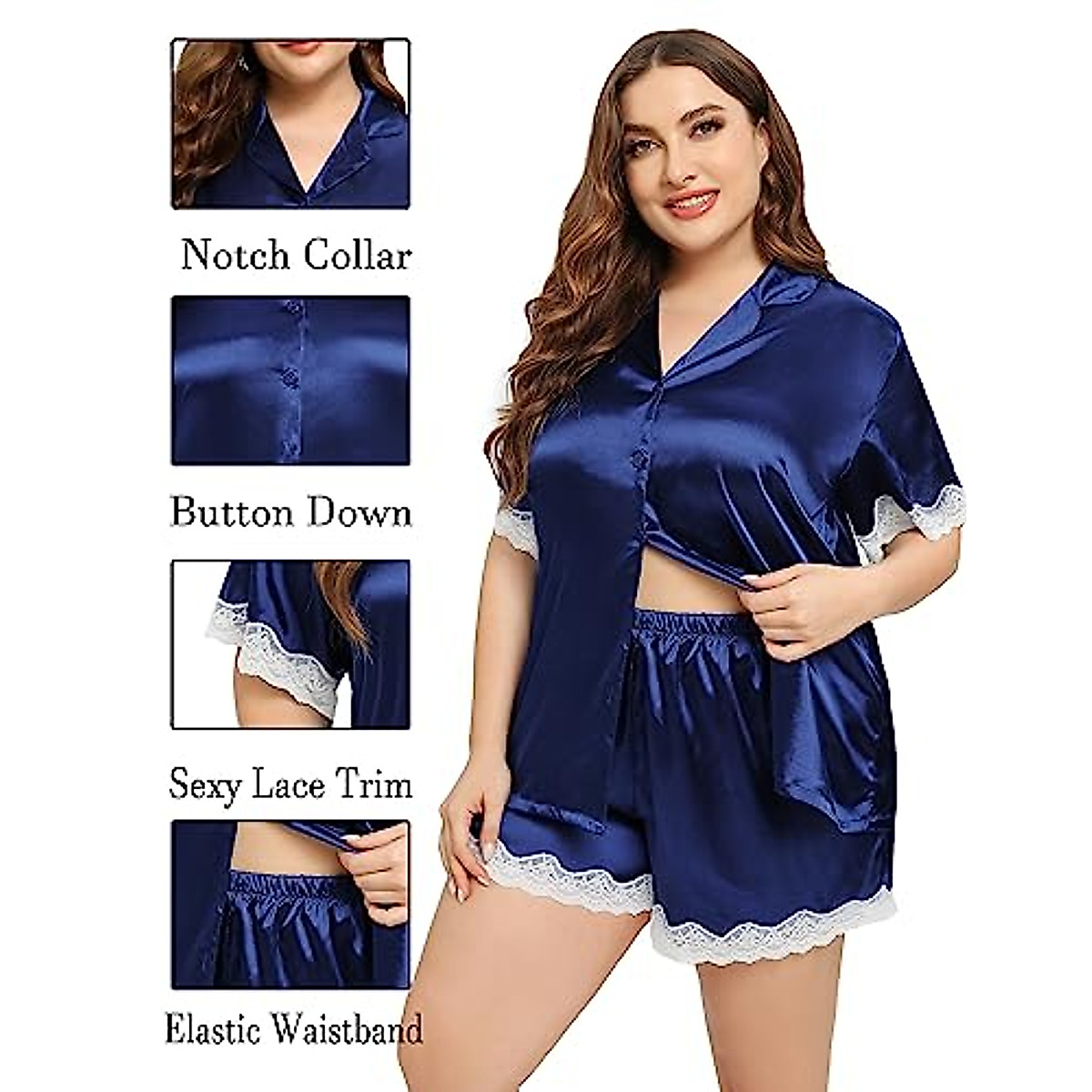 SWOMOG Women Plus Size Pajama Set Silk Satin Lounge Set Short Sleeve 2 Pcs Ladies Pj Sets Button Down Lace Trim Sleepwear with Shorts Navy Blue