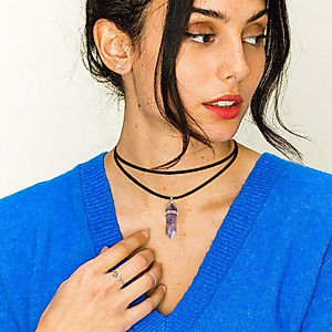 Aobei Pearl 5PCS Hexagonal Gemstone Pointed Reiki Chakra Pendant Necklace Genuine Leather Choker for Women 14''