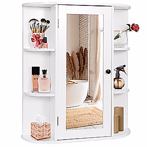 SUPER DEAL Bathroom Cabinet with Single Mirror Door Wall Mount Medicine Cabinet with Inner Adjustable Shelves Wooden Storage Organizer