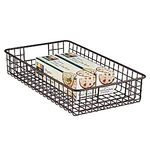 mDesign Metal Wire Food Storage Shallow Bin Basket with Handles for Organizing Kitchen Cabinets, Counter, Pantry Shelf - Perfect for Snacks, Drinks - Concerto Collection - Bronze