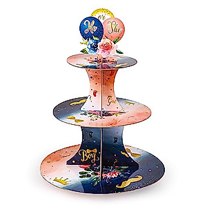 Gender Reveal Party Cupcake Stand Decorations, Blue and Pink 3 Tier Baby Shower Cupcake Toppers Dessert Holder Snack Tray Stand Tower for Boy Girl Baby Gender Reveal Birthday Party Favors