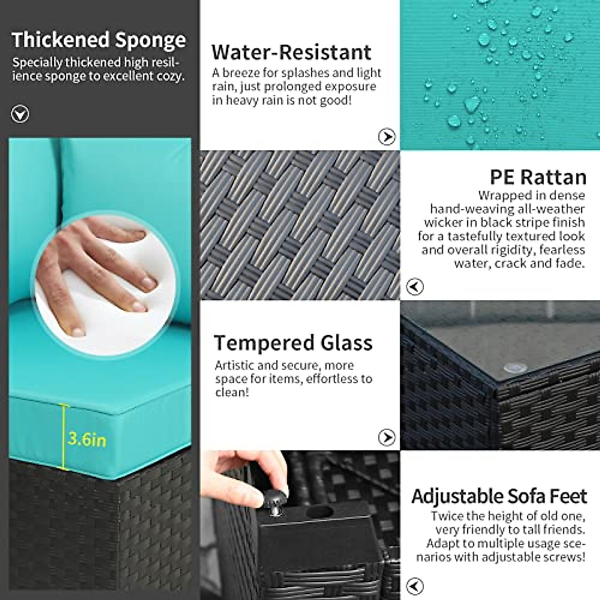 Outdoor PE Wicker Sofa Set 4-Piece 6-Seater Patio Garden Sectional Turquoise Cushions Seat Furniture Set, 2 L-Shaped Loveseats and Ottomans, Multi-Purpose Tempered Glass Coffee Table