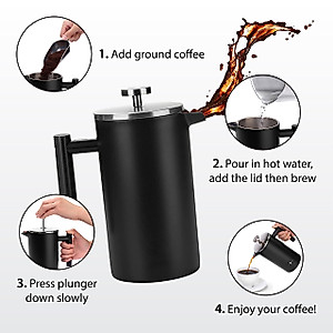 Redwood - Large French Press, 8 Cup Coffee Maker, Double Wall Construction, 3-Layer Stainless Steel Filter, Optimal Thermal Retention (Black) (34 oz)