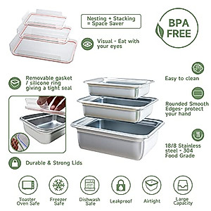 MOZAOUSA Stainless Steel Food Storage Containers with Lids,Leakproof Bento Lunch Box Containers,Airtight Bento Boxes Set of 3 for Adults,Stackable Snack Food Prep Containers for Kitchen & Travel
