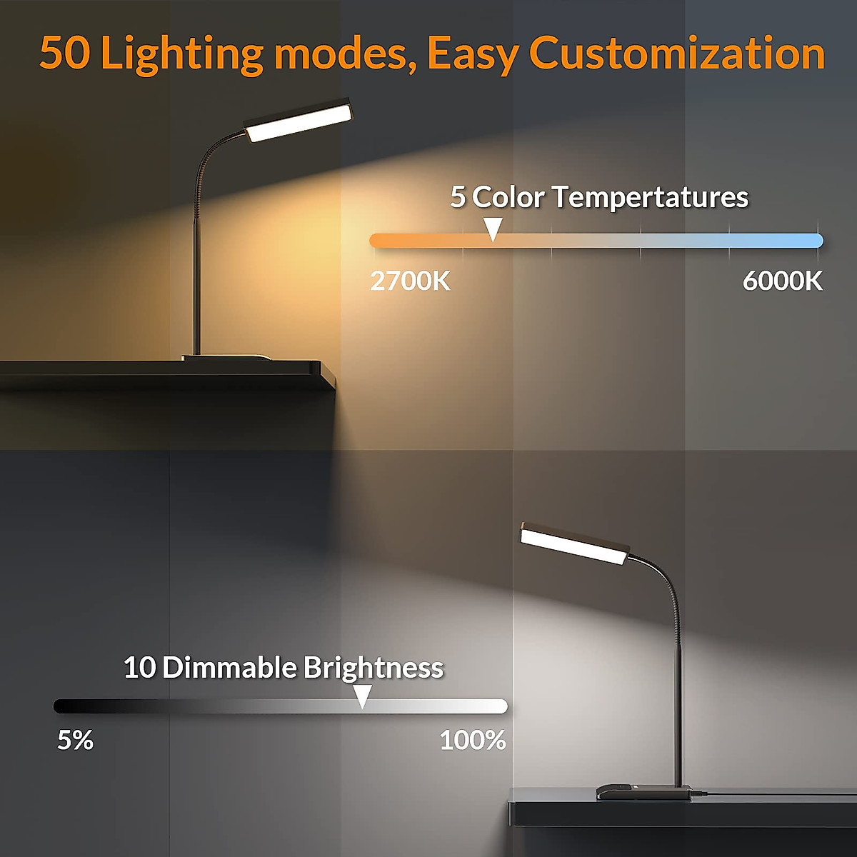 LEPOWER Desk Lamp, 800LM LED Desk Lamp for Home Office, 12W Reading Lamp for Desk, Eye-Caring Desk Light, Touch Table Lamp, Gooseneck Lamp, 50 Lighting Modes, Bright Desk Lamps for Bedroom, Study Room