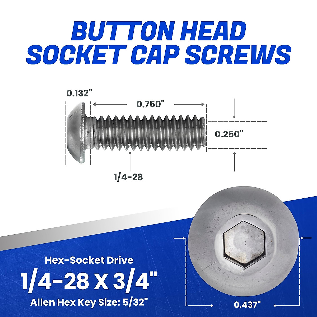 Fastenere Button Head Socket Cap Screws - 1/4-28 x 3/4" (25 Pack) Stainless Steel 18-8, Full Thread, Bright Plain Finish, Corrosion-Resistant, Machine Thread, Easy to Install w/Allen Socket Drive