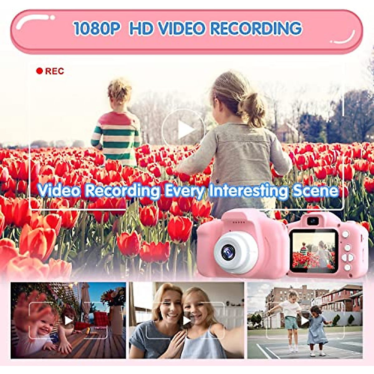 Acuvar 1080P Kids Selfie HD Compact Digital Photo and Video Rechargeable Camera Kit with 32GB TF Card & 2" LCD Screen Micro USB Charger, Lanyard. 6PC Card Holder and All in One USB Card Reader (Pink)