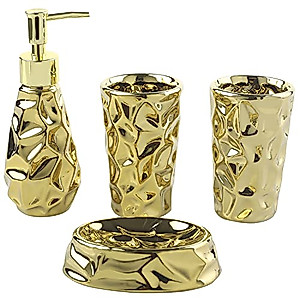 MyGift 4 Piece Luxurious Modern Gold Ceramic Bathroom Accessory Set, Gold Decor Bathroom Accessories, Toothbrush Holder Set with Soap Dish, Pump Dispenser and Tumblers