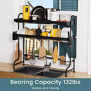 ULG Over The Sink Dish Drying Rack, 3 Tier Stainless Steel Length Adjustable (24.4"-37") Kitchen Counter Organizer, Large Dish Rack Drainer for Space Saver Storage Shelf with 6 Utility Hooks