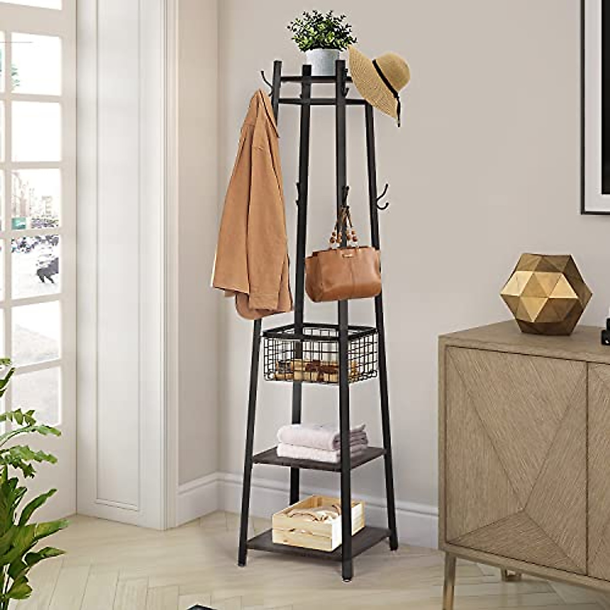 VECELO Coat Rack Freestanding, Entryway Clothes Stand with Metal Basket and 2 Shelves, Upgrade Hall Trees with 8 Dual Hooks for Bags, Hats, and Umbrellas, Industrial Styles, Vintage Brown+ Black