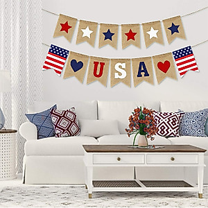 USA Banner Burlap- 4th of July Decorations- Rustic Patriotic Banner -Red White Blue Stars Bunting Garland for President Day- 4th of July Party Supplies- 4th of July Patriotic Outdoor Indoor hanging Decor