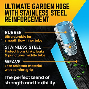 PowerFlow Garden Hose, NON-EXPANDABLE 50 Feet Premium Quality Stainless Steel Metal Water Hose with Durable Fabric Skin, Hose For Commercial, Residential Use, Bonus 10-way Spray Nozzle (50 Ft, Black)