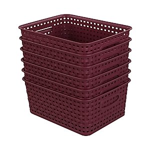 Sandmovie Plastic Weave Storage Baskets for Kitchen Bathroom, Wine Red, 6 Packs, F