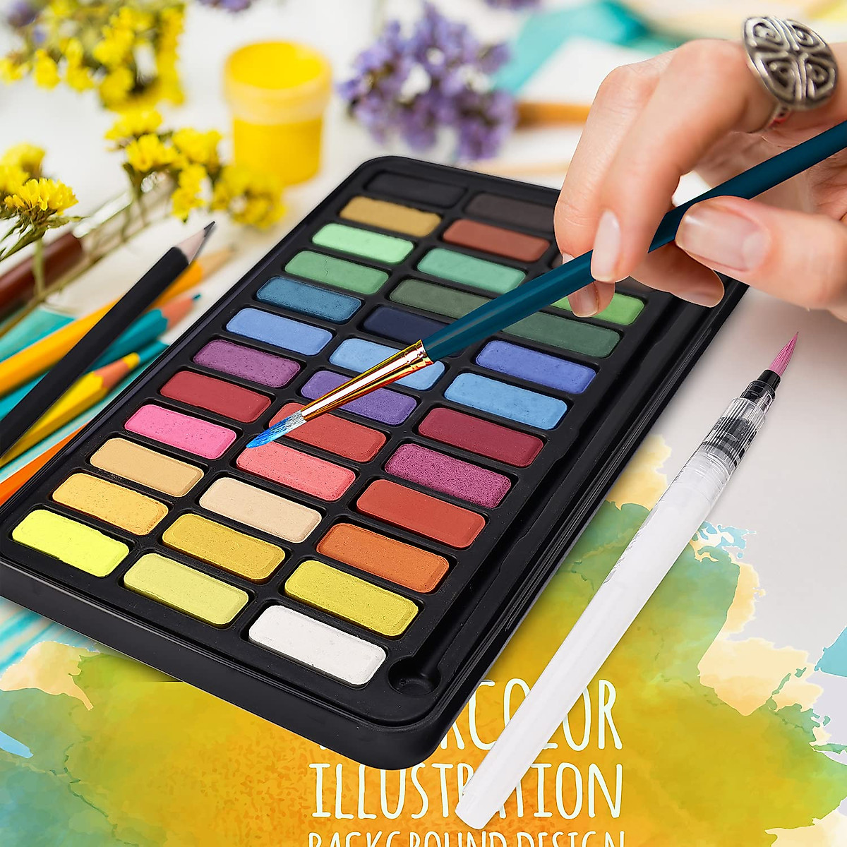 MISULOVE Watercolor Paint Set, 36 Colors in Gift Box with Bonus Watercolor Paper and Brush, Painting Kit for Kids 6-12, Adults, Artists