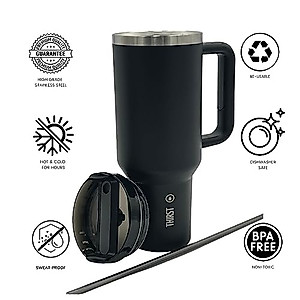 THIRST Quench H2.0 40 oz tumbler with handle and straw | Stainless Steel Tumbler | Insulated Tumbler | Double Wall Mug | Thermos | Cup | Water Bottle (New Generation Lid & Straw) (Black)